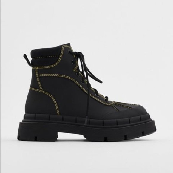 Zara | Shoes | Zara Black Chunky Rubberized Combat Boots Yellow ...